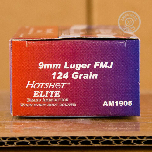 50 Rounds of 9mm 124 grain Hotshot Elite FMJ Ammo at AmmoMan.com