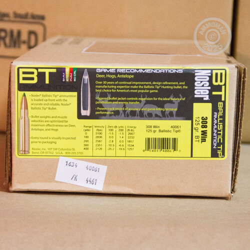 308 Win Ammo - 20 Rounds of Nosler Ballistic Tip Hunting 125 Grain BT ...