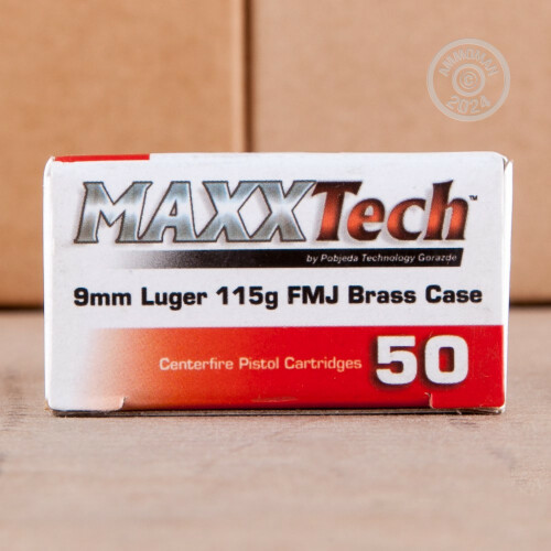 9mm Ammo at AmmoMan.com - MAXXTech Brass 115 Grain FMJ - 500 Rounds