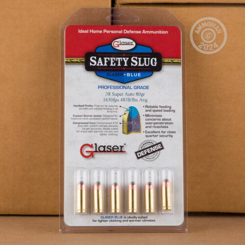 6 Rounds of 38 Super 80 Grain Glaser Blue Safety Slug Ammo at AmmoMan.com