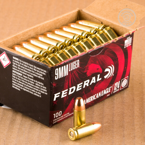 9mm Ammo at AmmoMan.com - Federal American Eagle 124 Grain FMJ - 100 Rounds