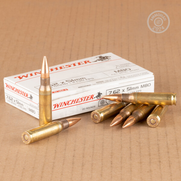 20 Rounds of 7.62x51 149 Grain Winchester FMJ M80 Ammo at AmmoMan.com