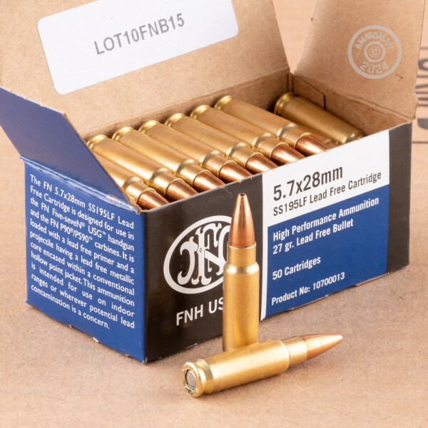 5.7x28mm Ammo at AmmoMan.com - FN Herstal 27 Grain JHP SS195LF - 500 Rounds